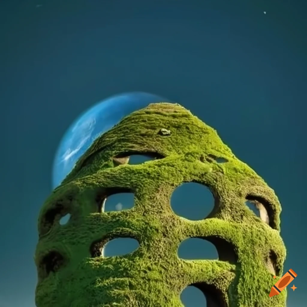 Moss-covered tree-like structure on the moon of an exoplanet on Craiyon