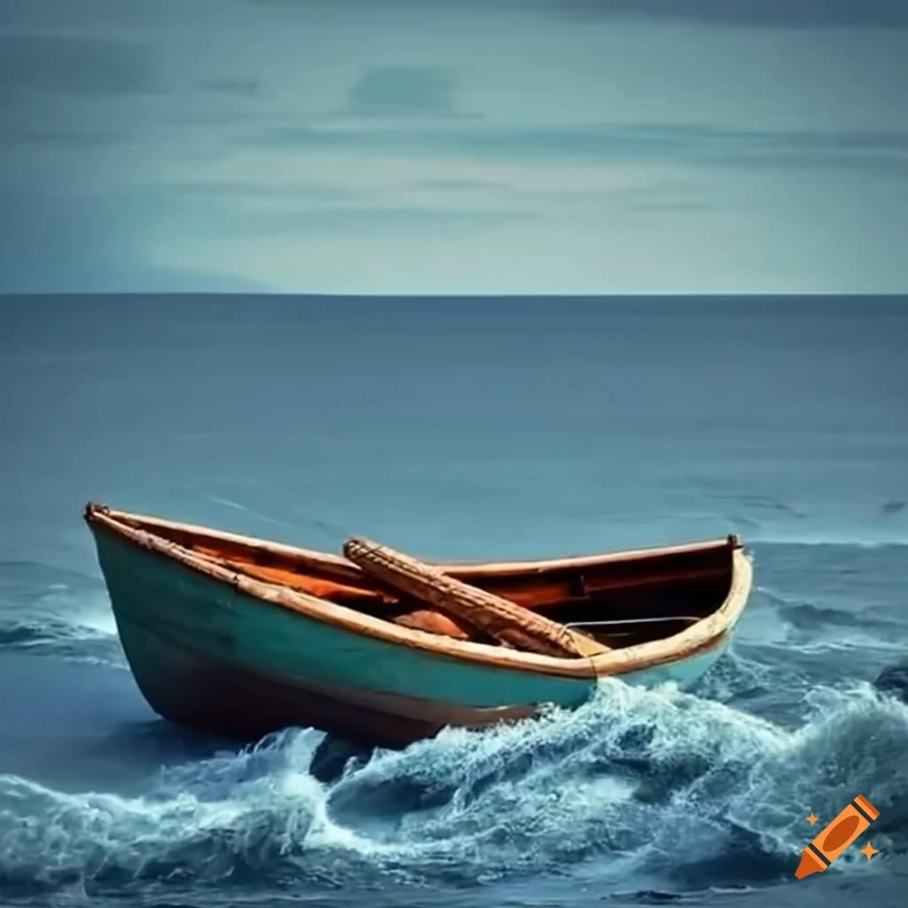 Rowing boat navigating rough seas with 10 passengers towards calm ...