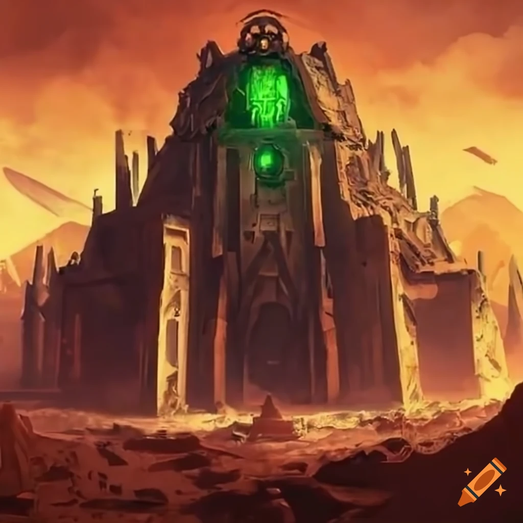 Warhammer 40k necron temple in a red desert with destroyed cities on ...