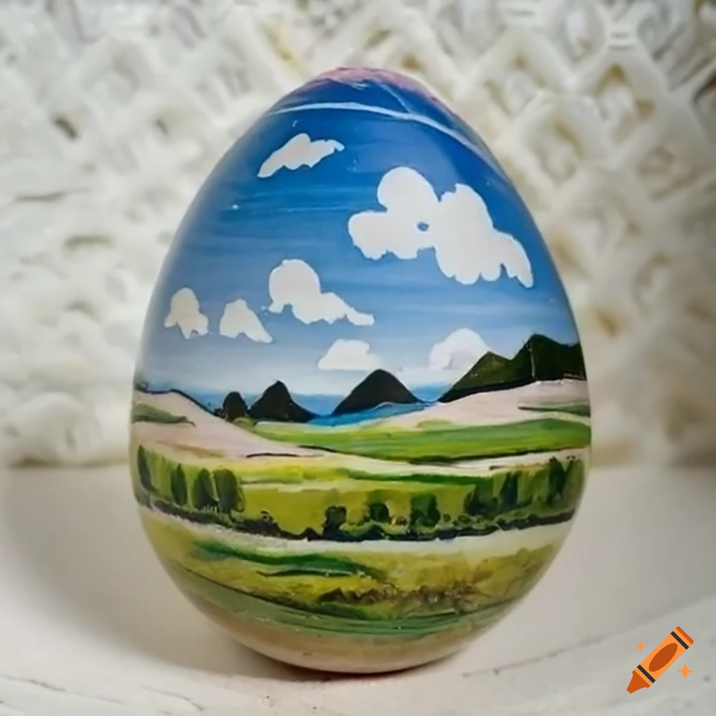 Intricately painted easter egg with a landscape scene on Craiyon