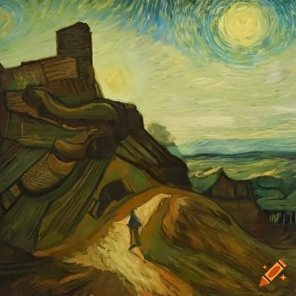 Van Gogh style landscape with hills, wind turbines, village paths ...