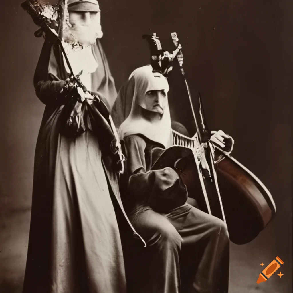 Historical portrait of hooded pagan cultists with musical instruments ...