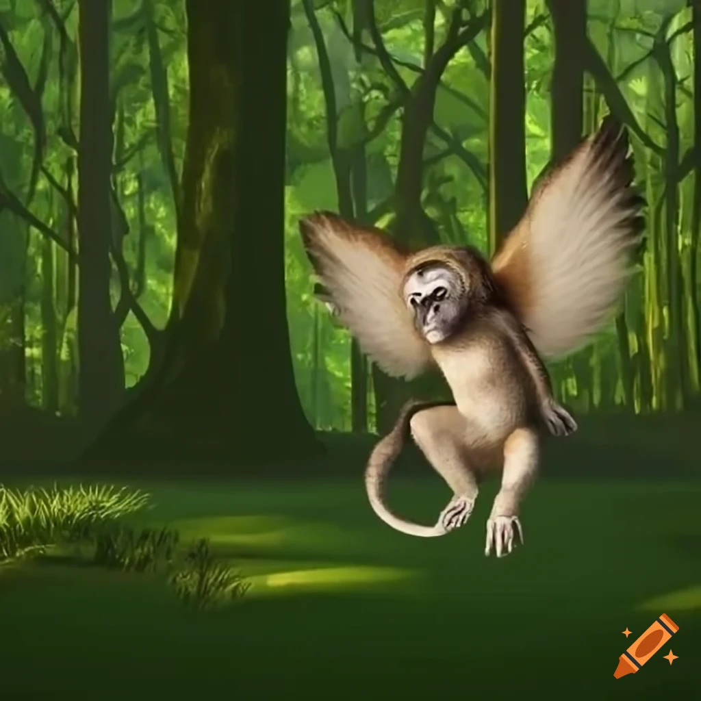 Mythical winged monkey in a forest clearing on Craiyon
