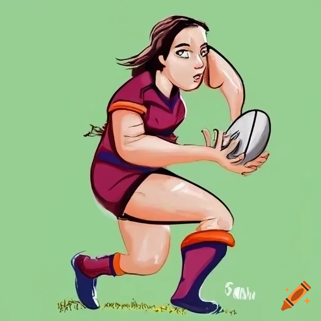 Female rugby player carrying the ball in Robert Crumb style on Craiyon