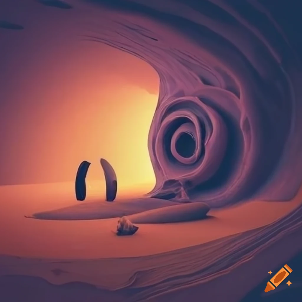 Surrealist landscape with random objects inside a structure design on ...