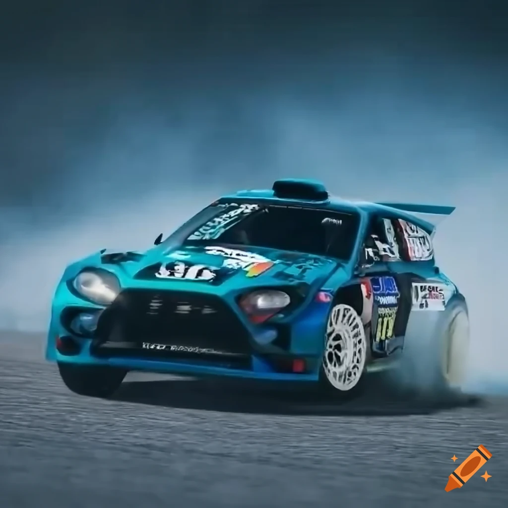 Rally car drifting in a parking lot with smoke from rear wheels on Craiyon