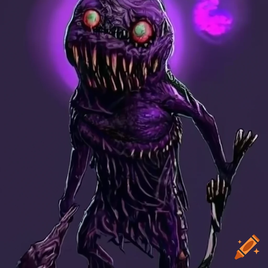 Purple creature with red spiral eyes in a subliminal space on Craiyon