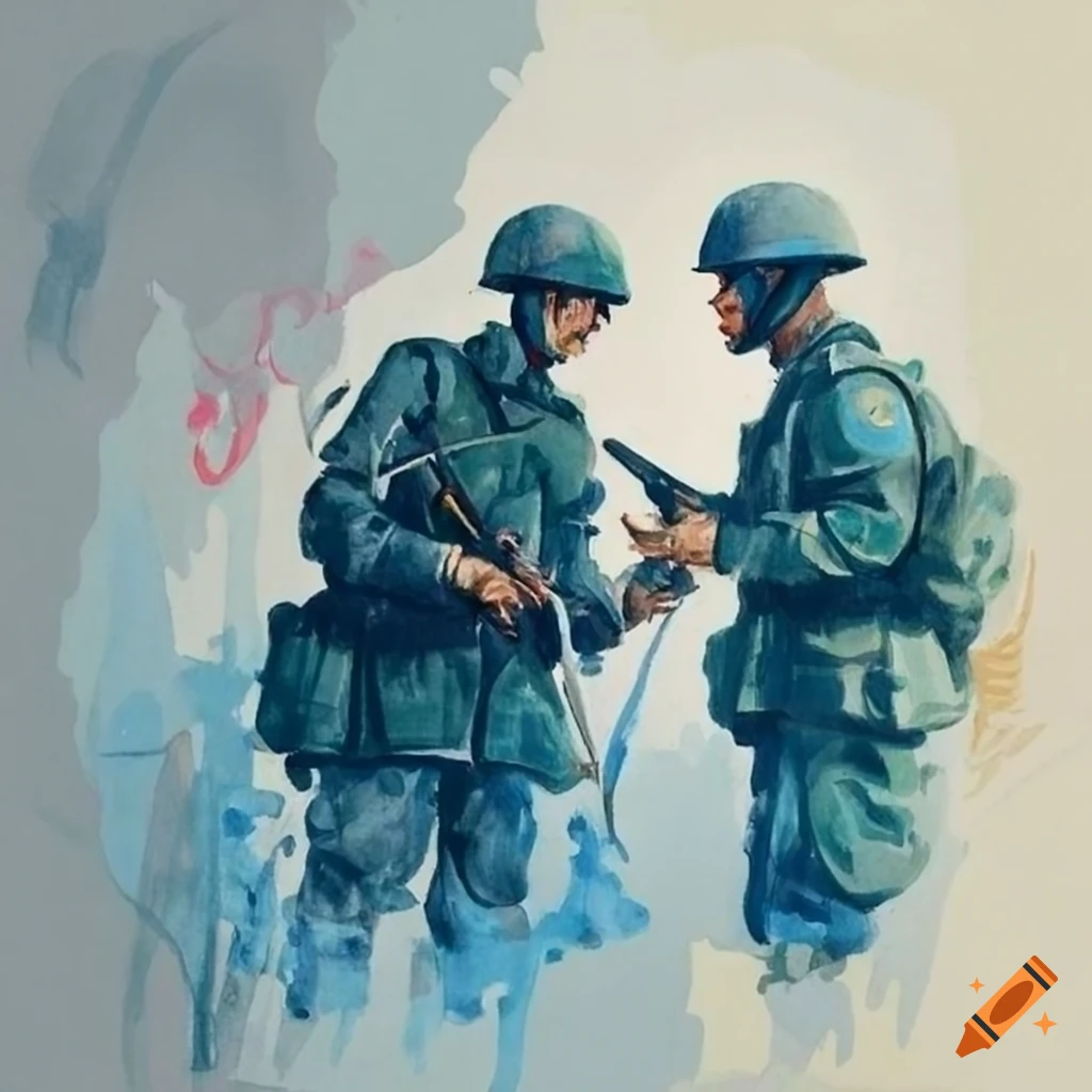Watercolor drawing of two soldiers engaged in conversation on Craiyon