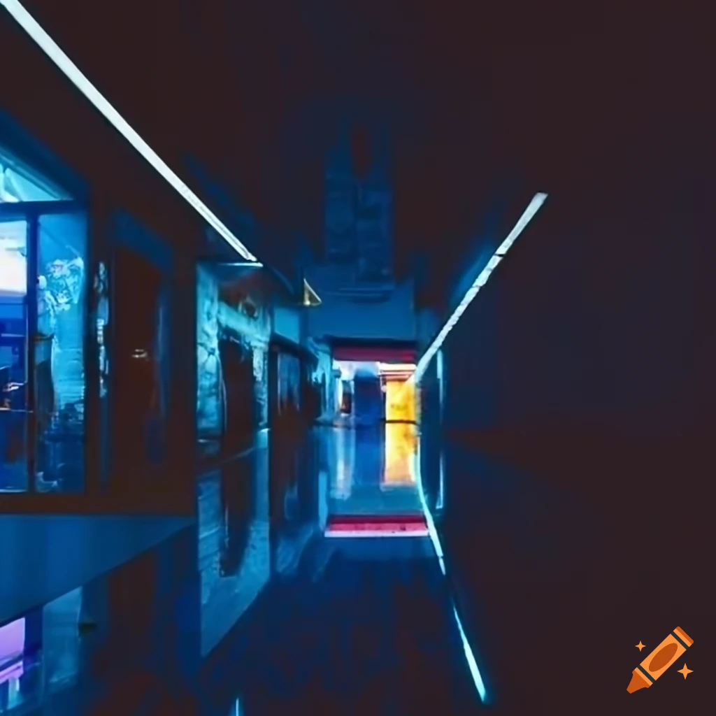 Dark blue nostalgic shopping mall interior on Craiyon
