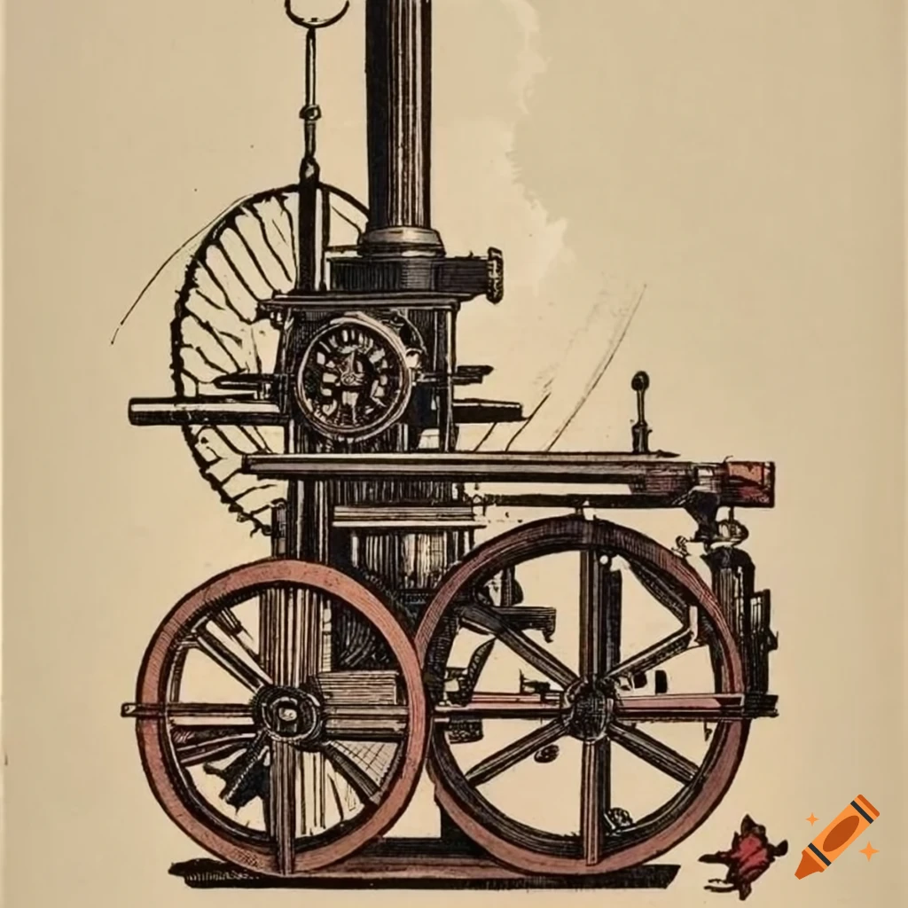 Detailed woodcut print of a complex 19th century steam-powered ...