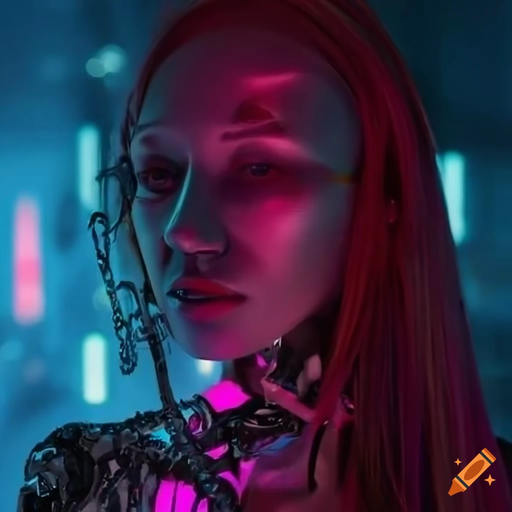 Cyborg goddess with human and cybernetic features in dark cyberpunk ...