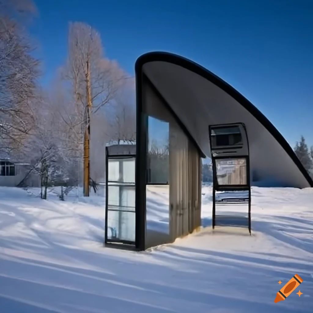 Futuristic curvy bus stop with see-through walls in a snowy Finnish ...