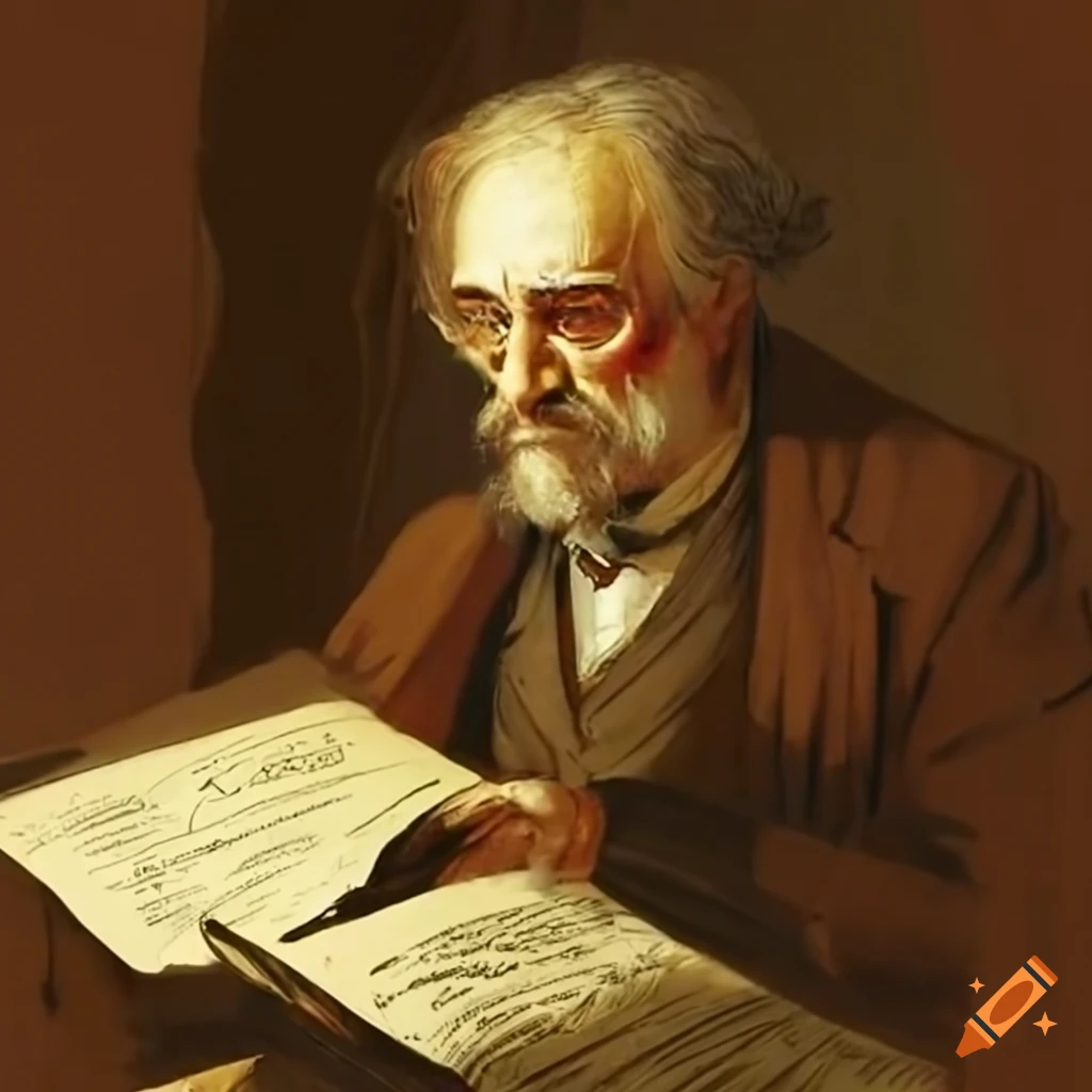 Dr. otto lidenbrock reading a mysterious map in an ancient library on Craiyon