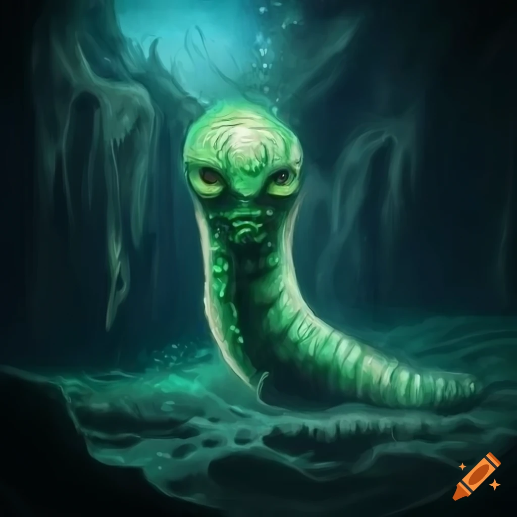 Gigantic underwater green worm alien with a cavernous black mouth in a ...
