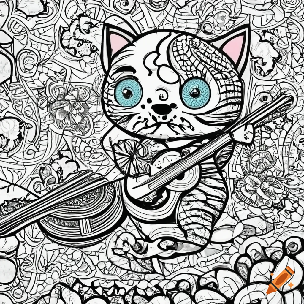 Black and white coloring page of cute cats playing musical instruments ...