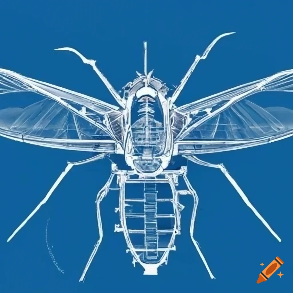 Detailed engineering blueprint of a mechanical fly insect on Craiyon