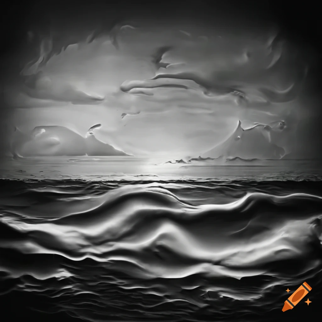 Grayscale bas-relief of the ocean on Craiyon
