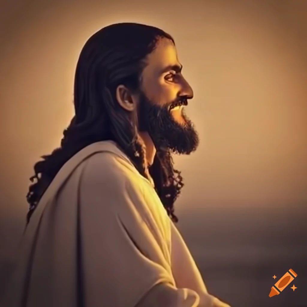 Smiling jesus sitting next to a person in a side view on Craiyon