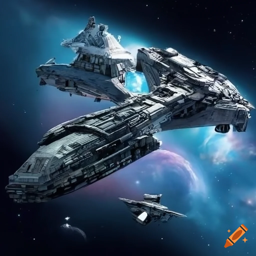 Space ships flying towards the stars in a sci-fi space scene on Craiyon