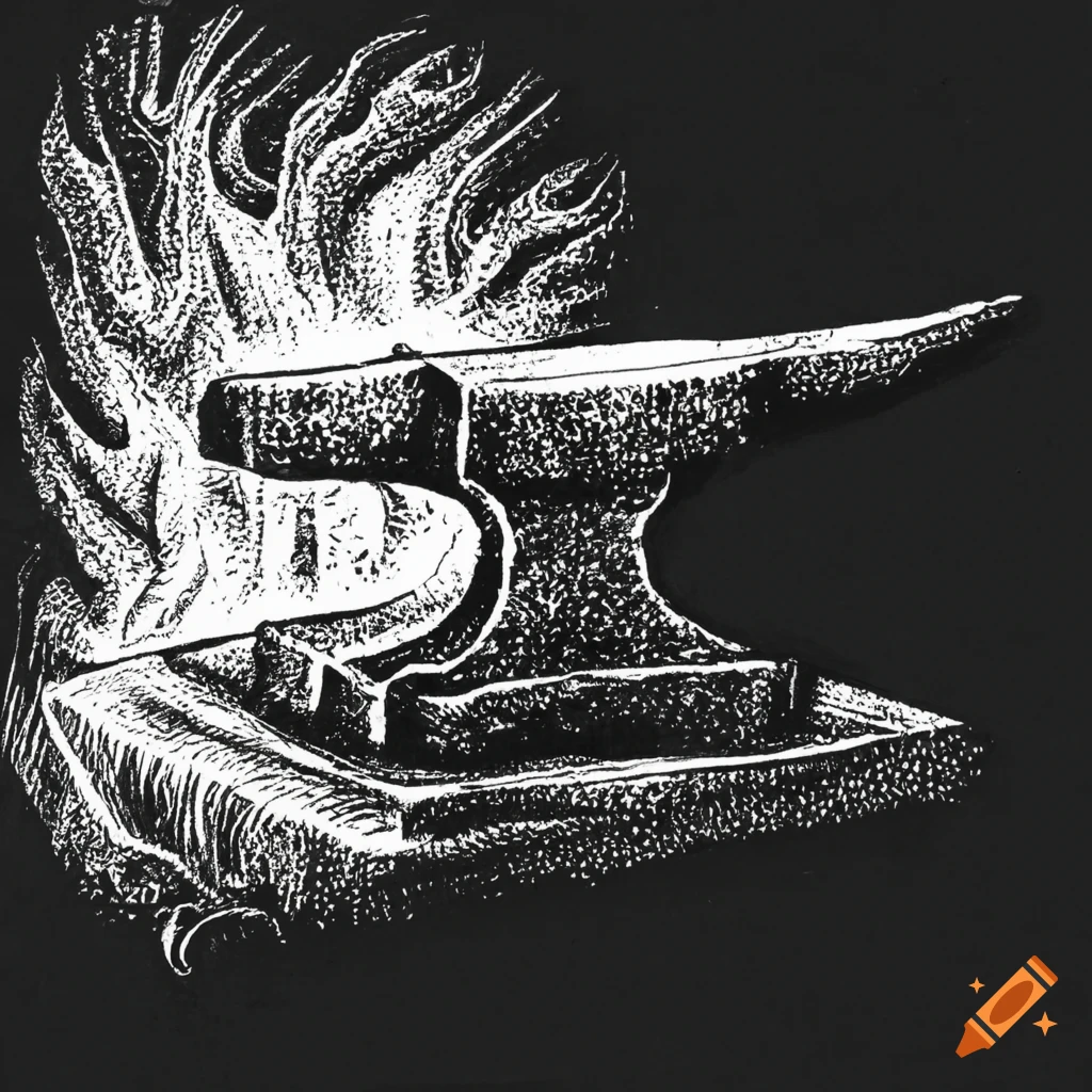 Hand drawn stippled sketch of a fiery anvil on Craiyon