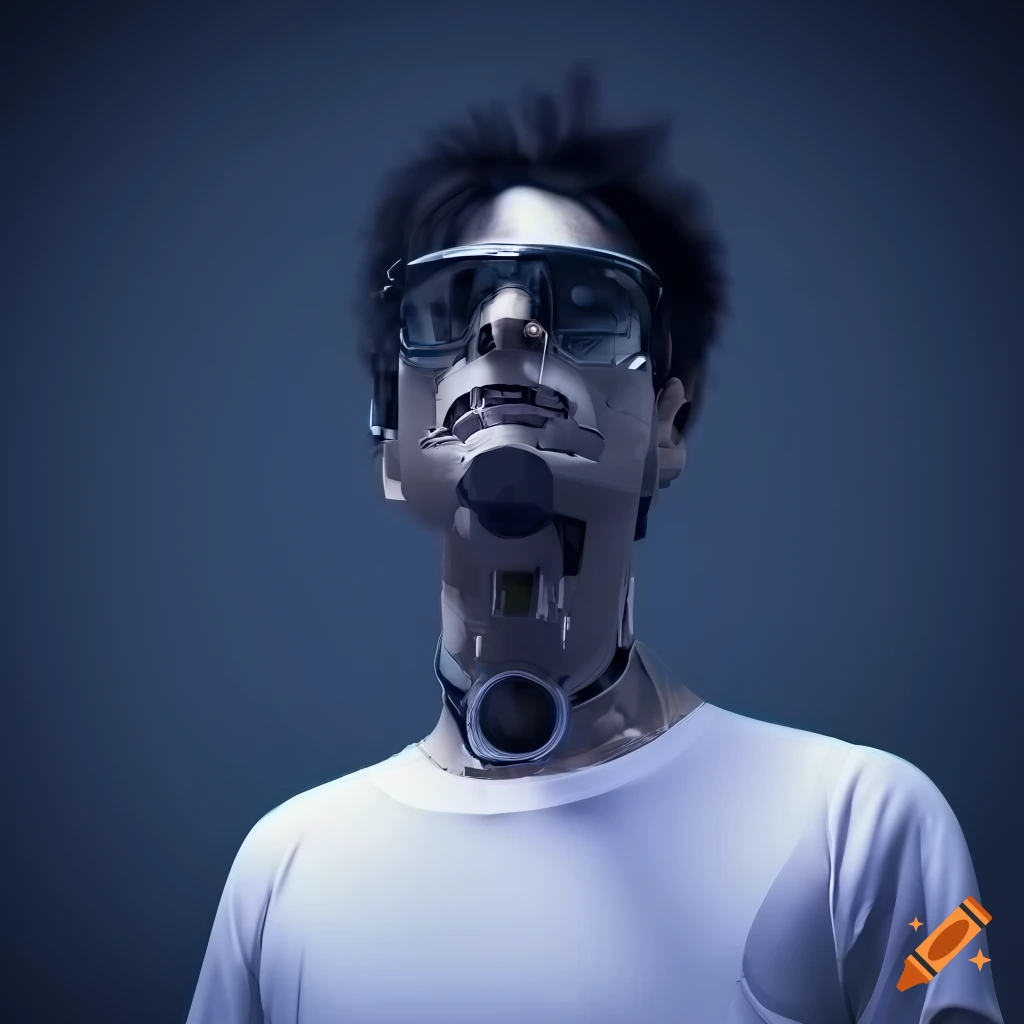 Cyborg in futuristic outfit looking up at scifi buildings in dramatic ...