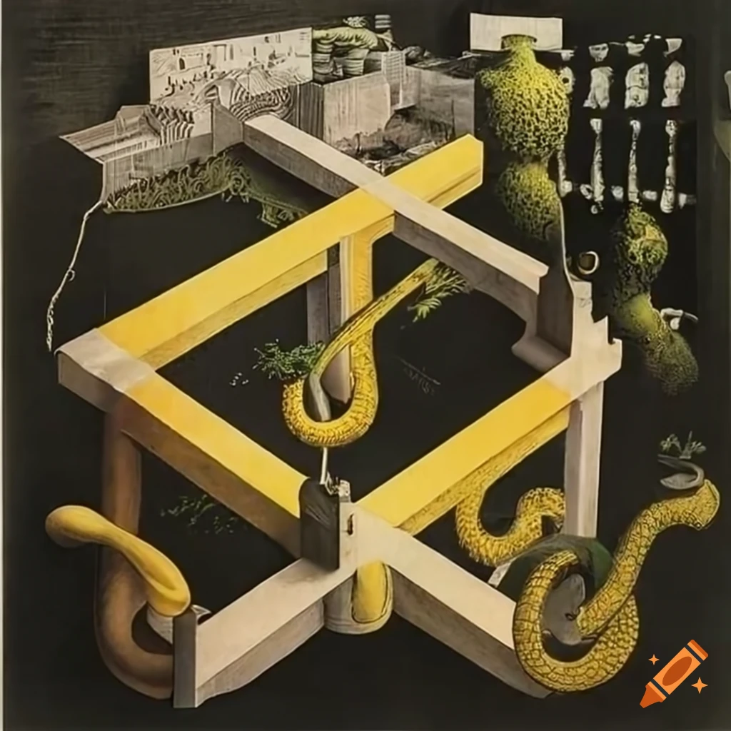 Surrealist artwork featuring symbols of Escher, Dali, and Durer, with ...