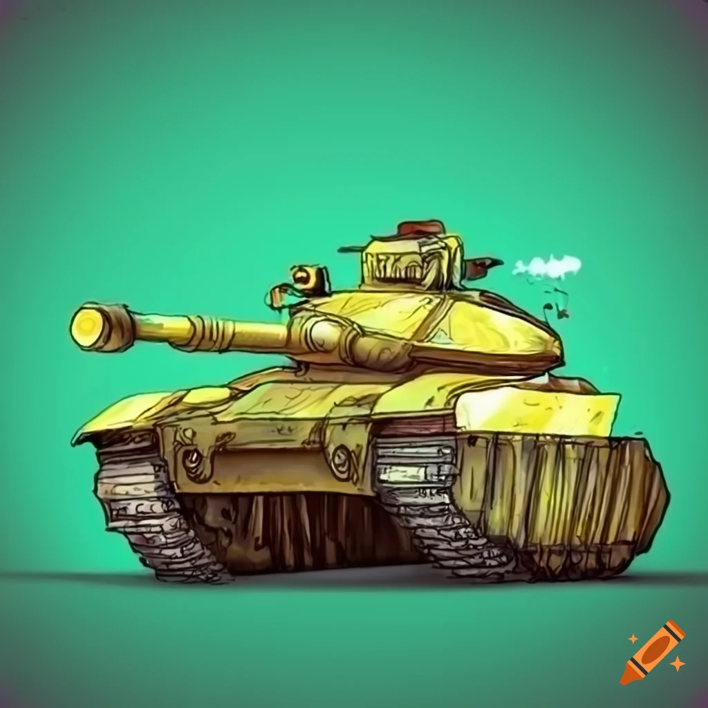 Yellow tank on green background in a zoomed drawing on Craiyon