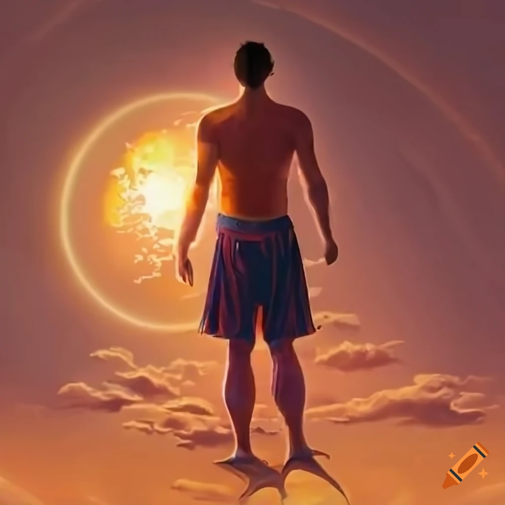 Handsome man worshiping the sun with arms stretched towards the sky on ...