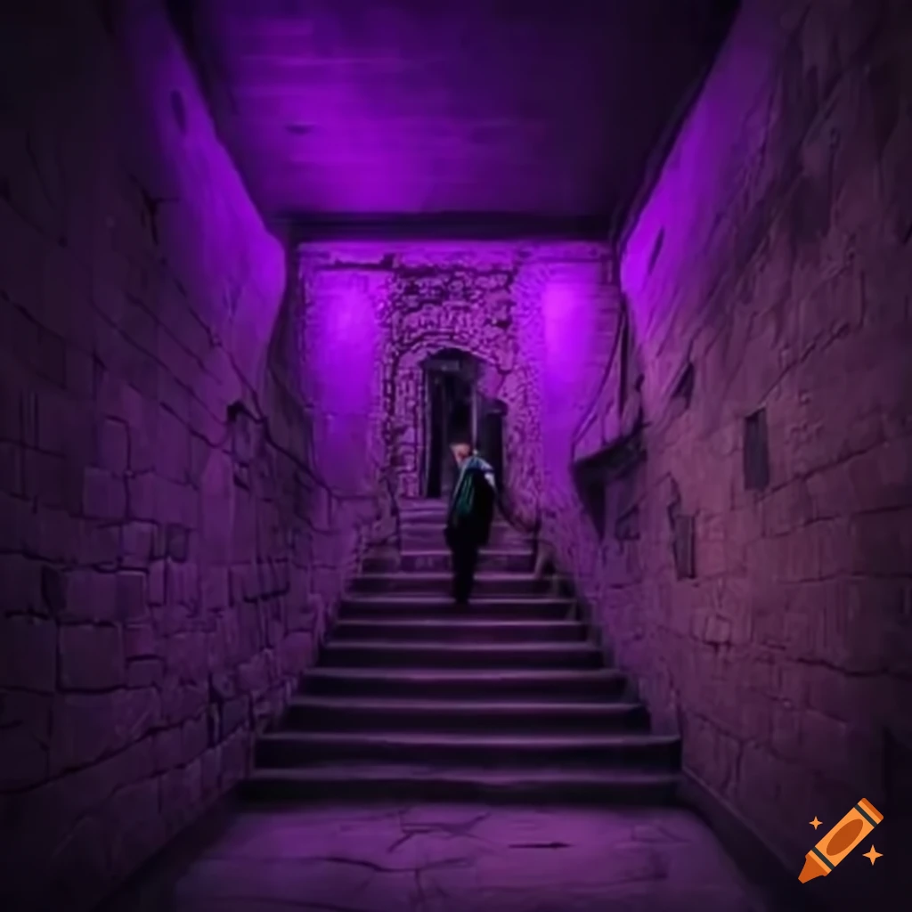 Purple dungeon with flying money and a man walking in on Craiyon