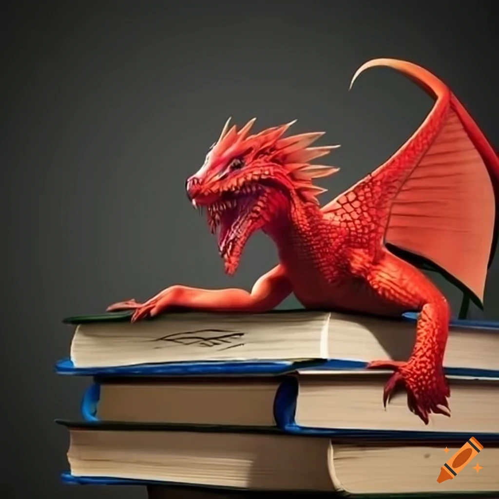 Red scaly dragon on top of a stack of books on Craiyon