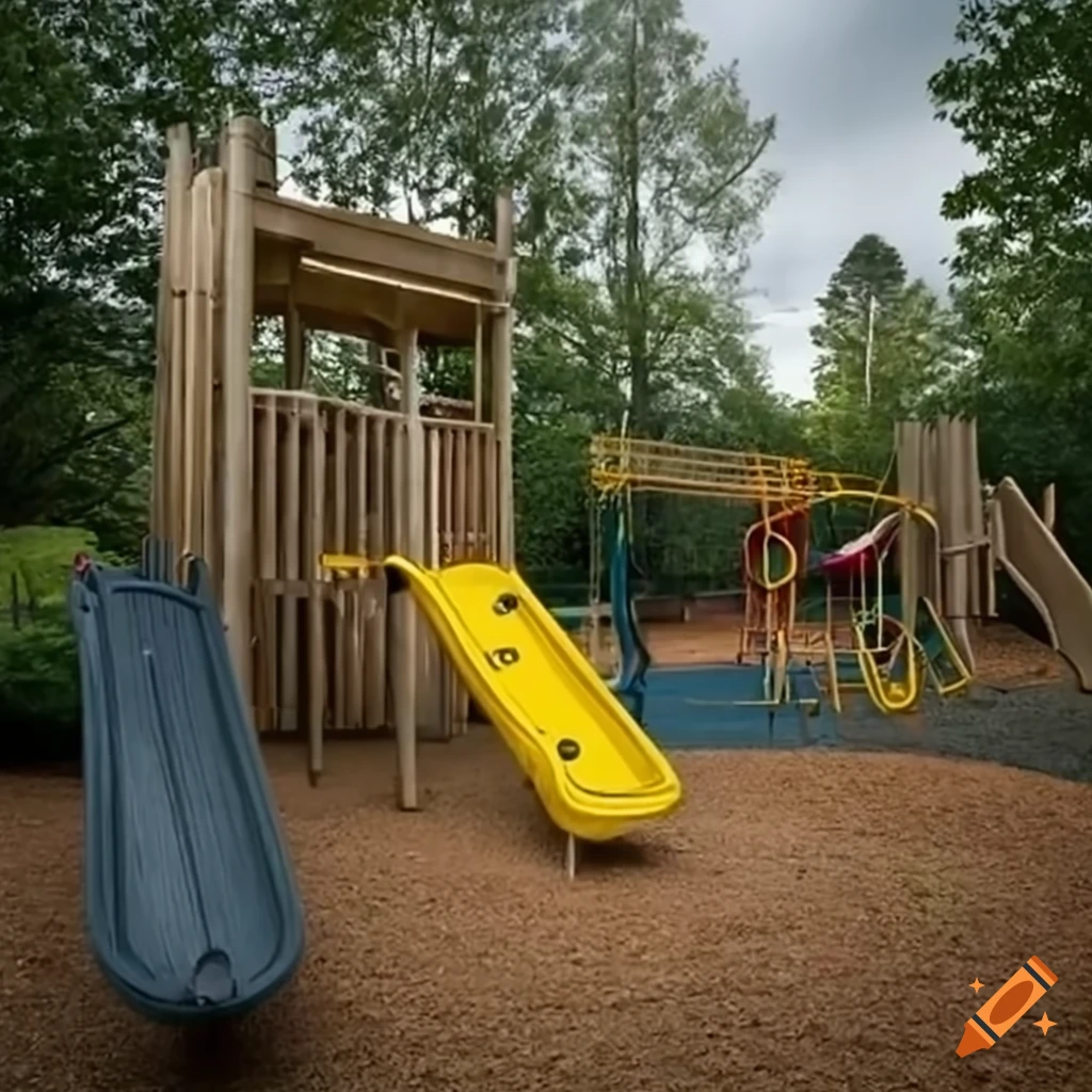 Realistic playground with slides, tunnels, monkey bars, swings, and zip ...