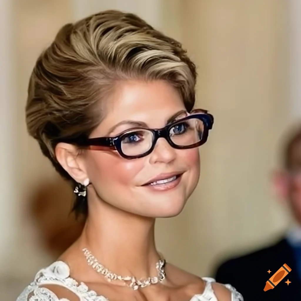 Elegant Princess Madeleine with pixie haircut and stylish glasses on ...