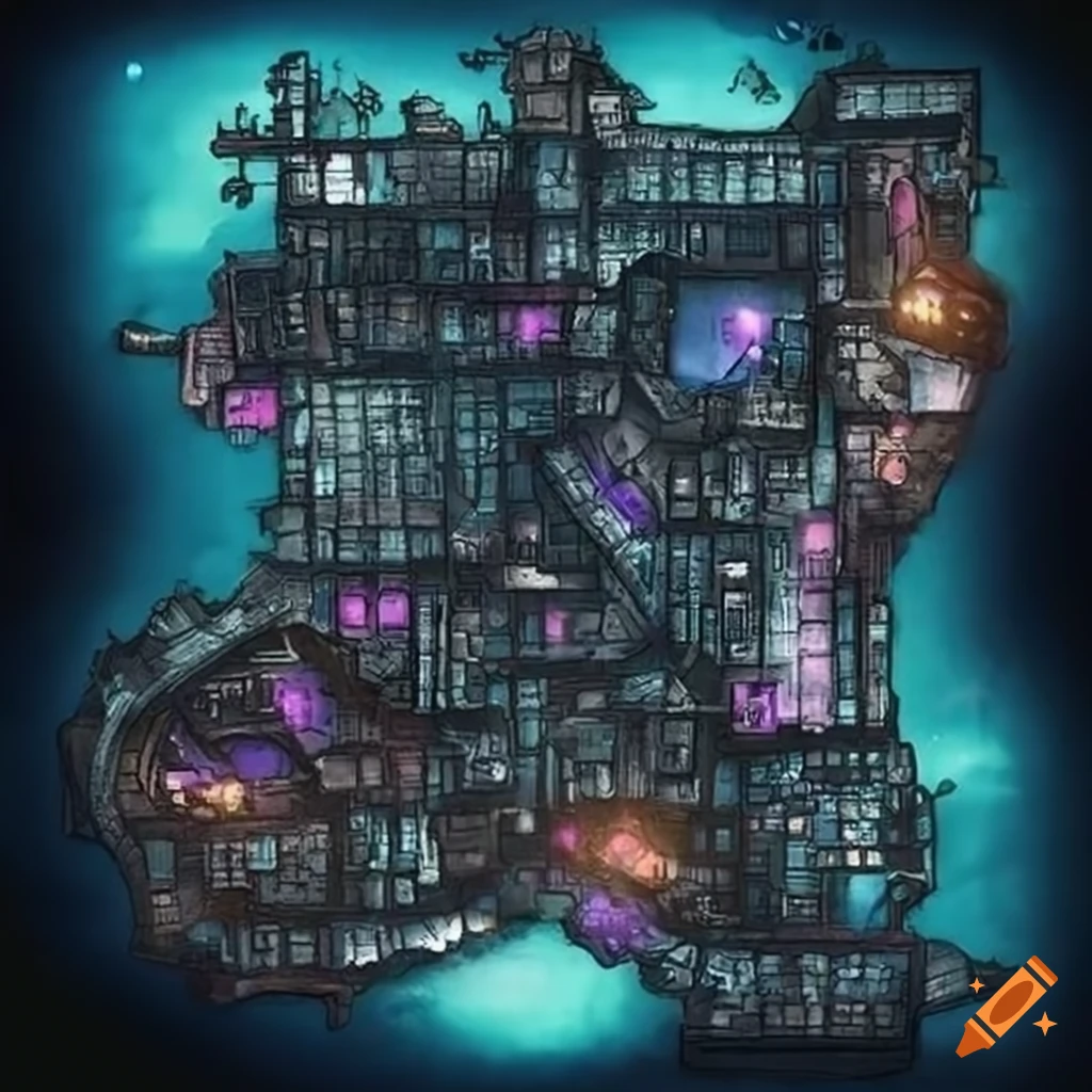 Futuristic cyberpunk city battle map split into districts on Craiyon