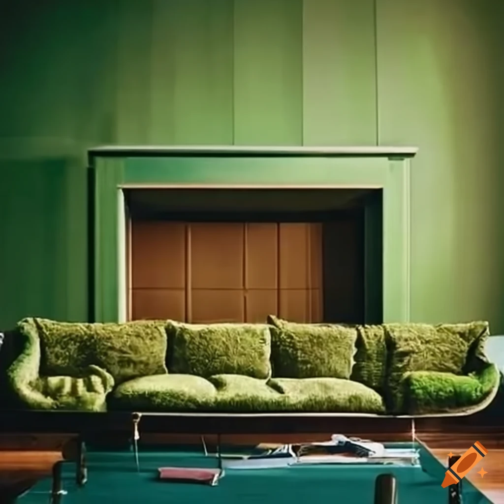 1973 themed living room covered in moss on Craiyon