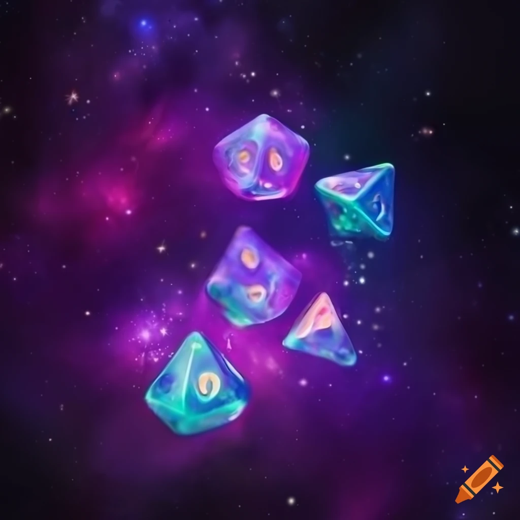 Cosmic violet polyhedral dice floating in space among galaxies on Craiyon