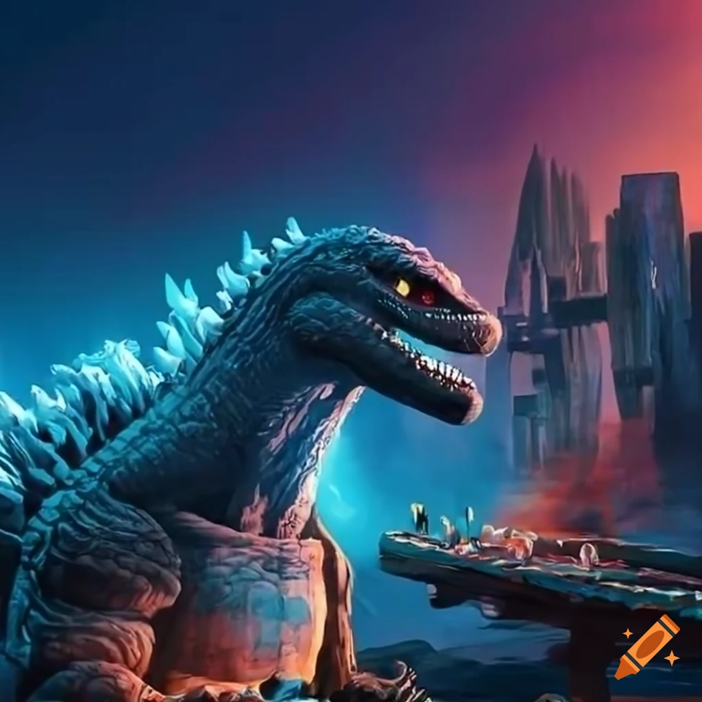 Godzilla-themed water ride in an amusement park on Craiyon