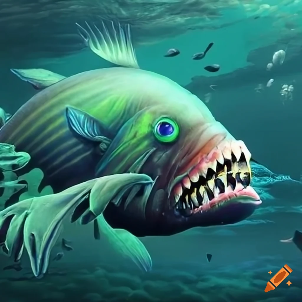 Gigantic fish in mysterious underwater depths with blue-green hues on ...