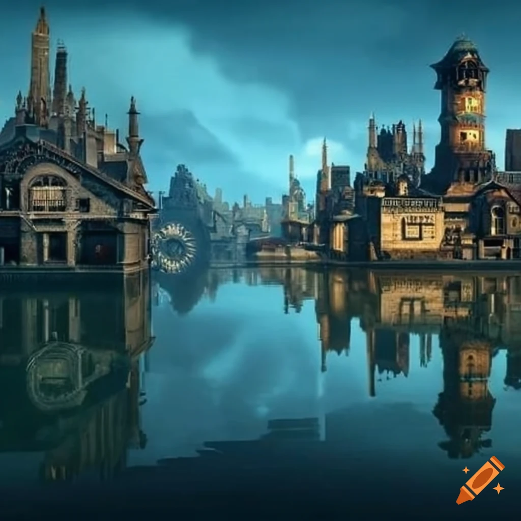 Steampunk metropolis with gears and cobblestone streets overlooking a ...