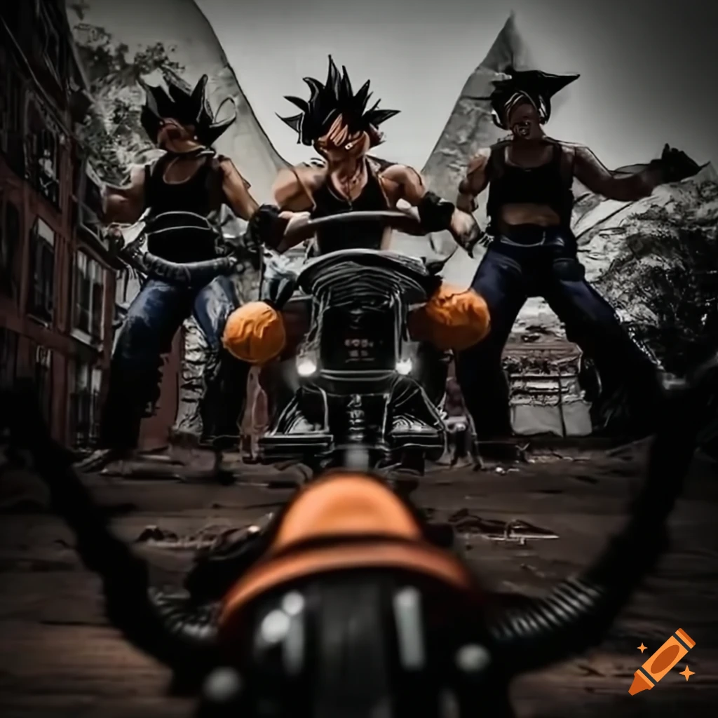 Dragonball z characters in a biker gang on Craiyon