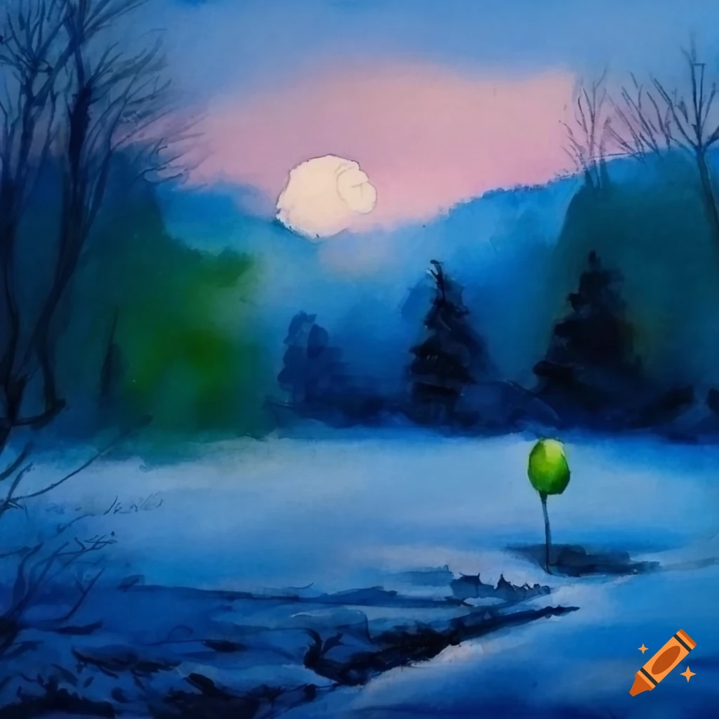 Green-blue tulips bulbs in a serene snowy landscape at twilight on Craiyon