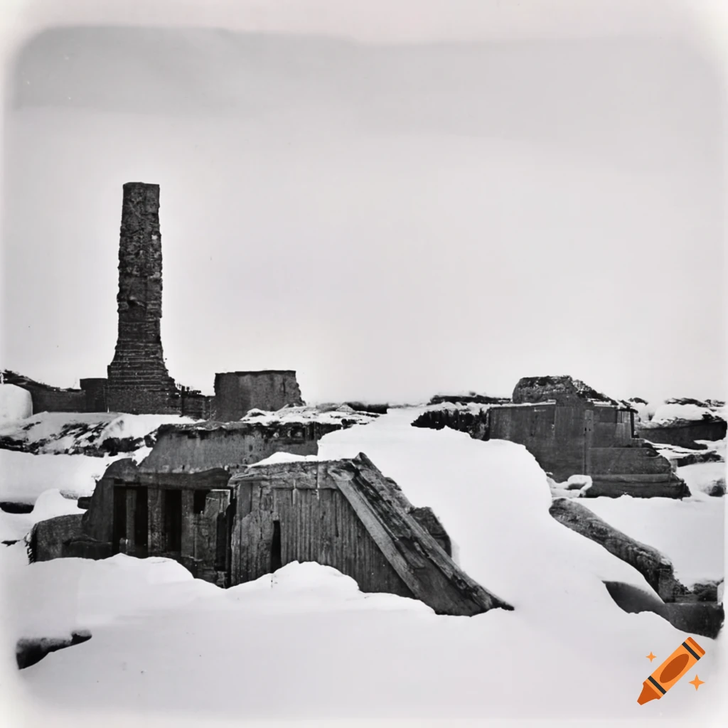 Ancient structures in Antarctica surrounded by snow and ice in a 1930s ...