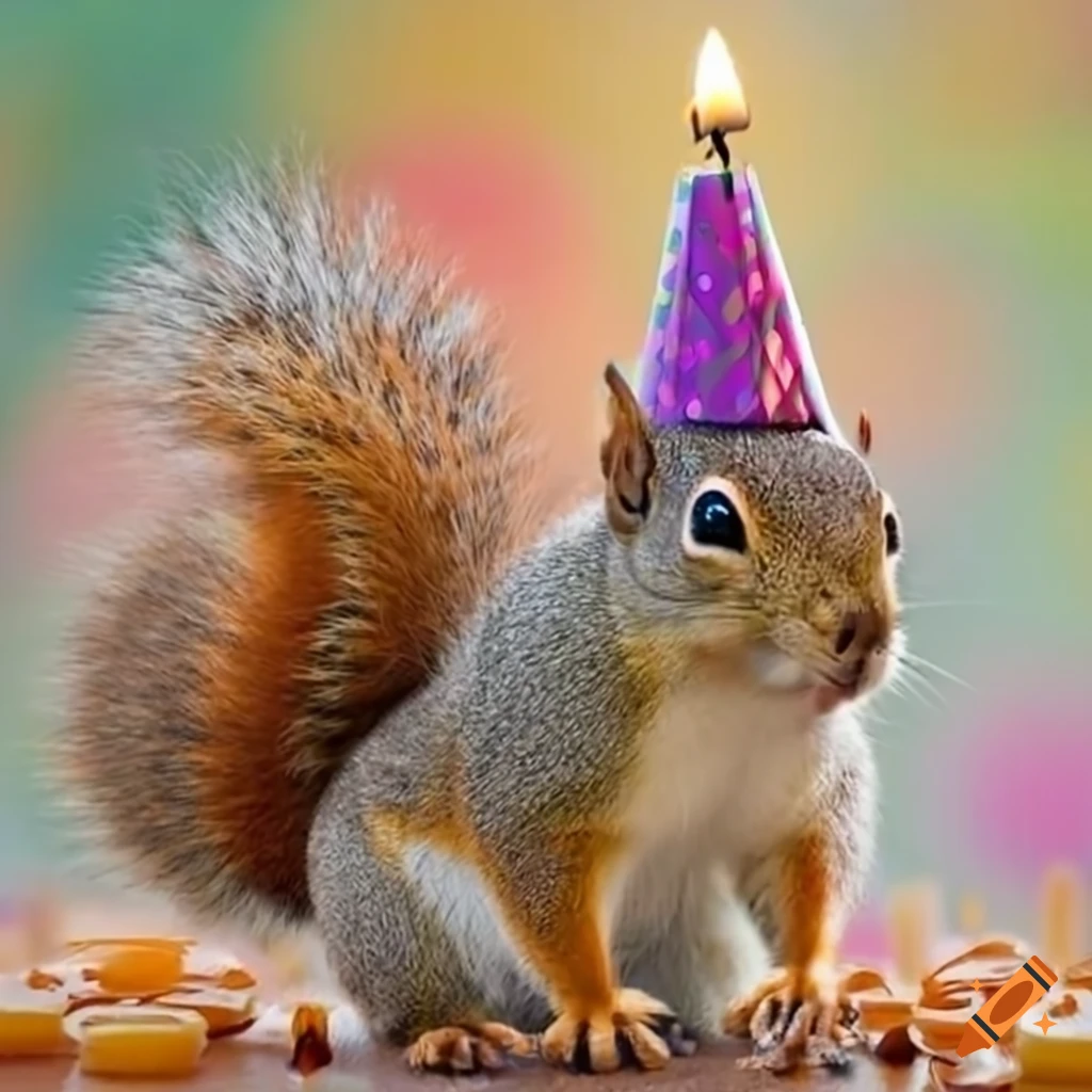Squirrel with a birthday hat and candles on Craiyon