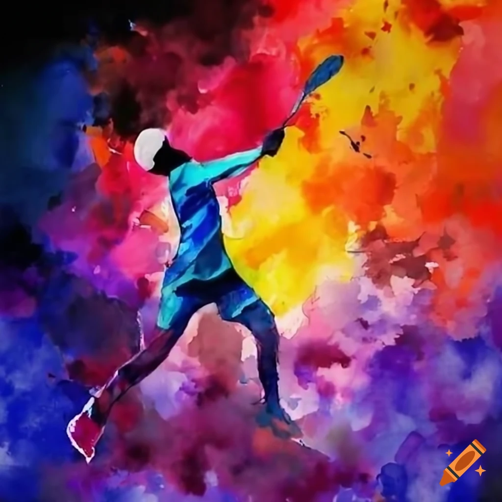 Badminton player smashing with colorful explosion in watercolor on Craiyon