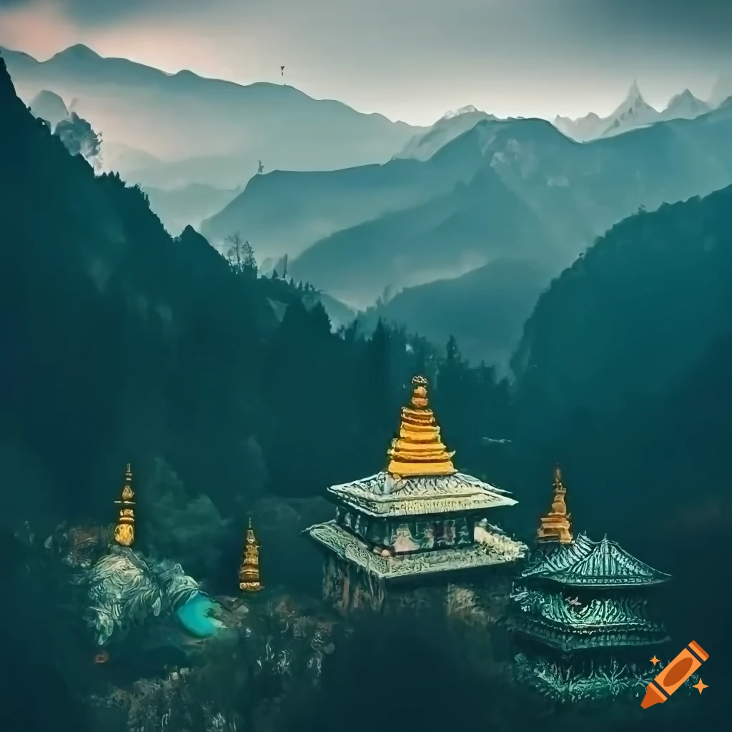 Detailed Buddhist temple on a green mountain surrounded by nature and ...