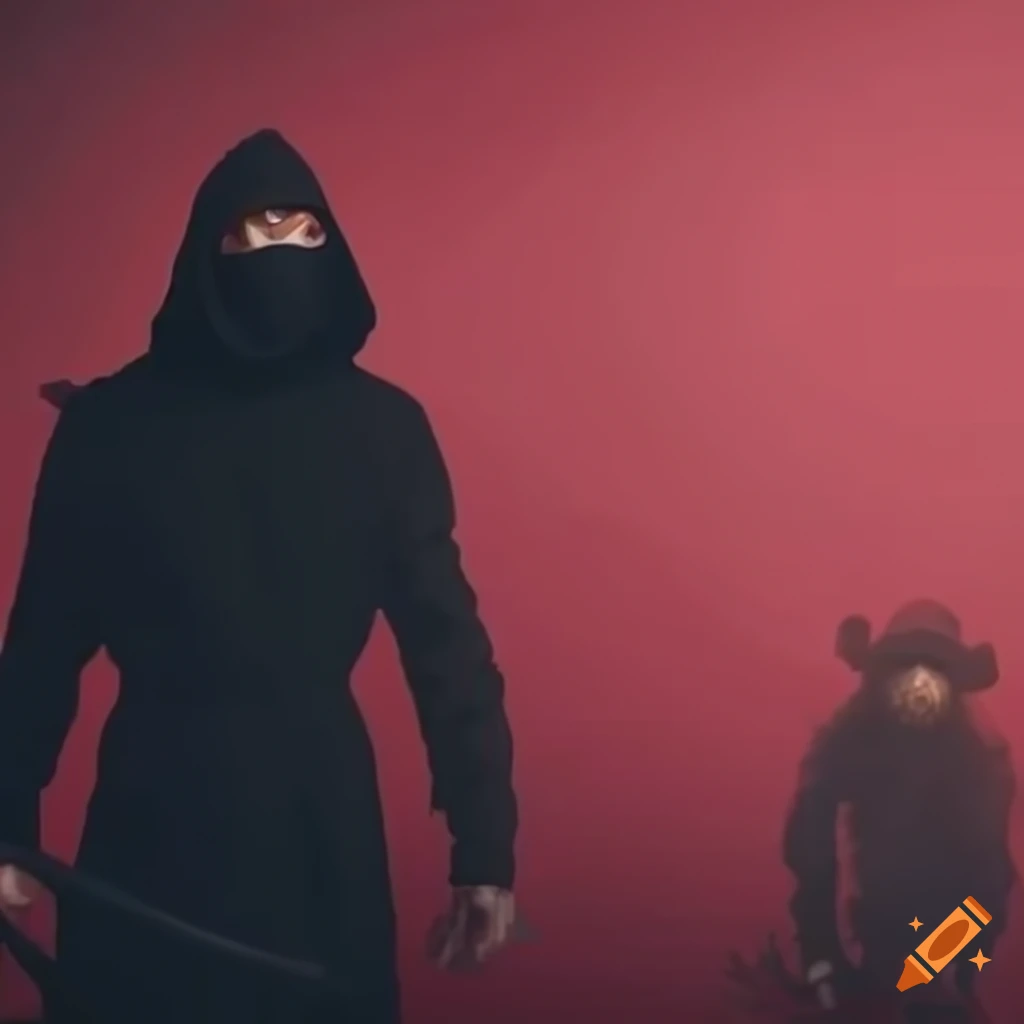 Hooded ninja with monkey features in a creepy red mist on Craiyon