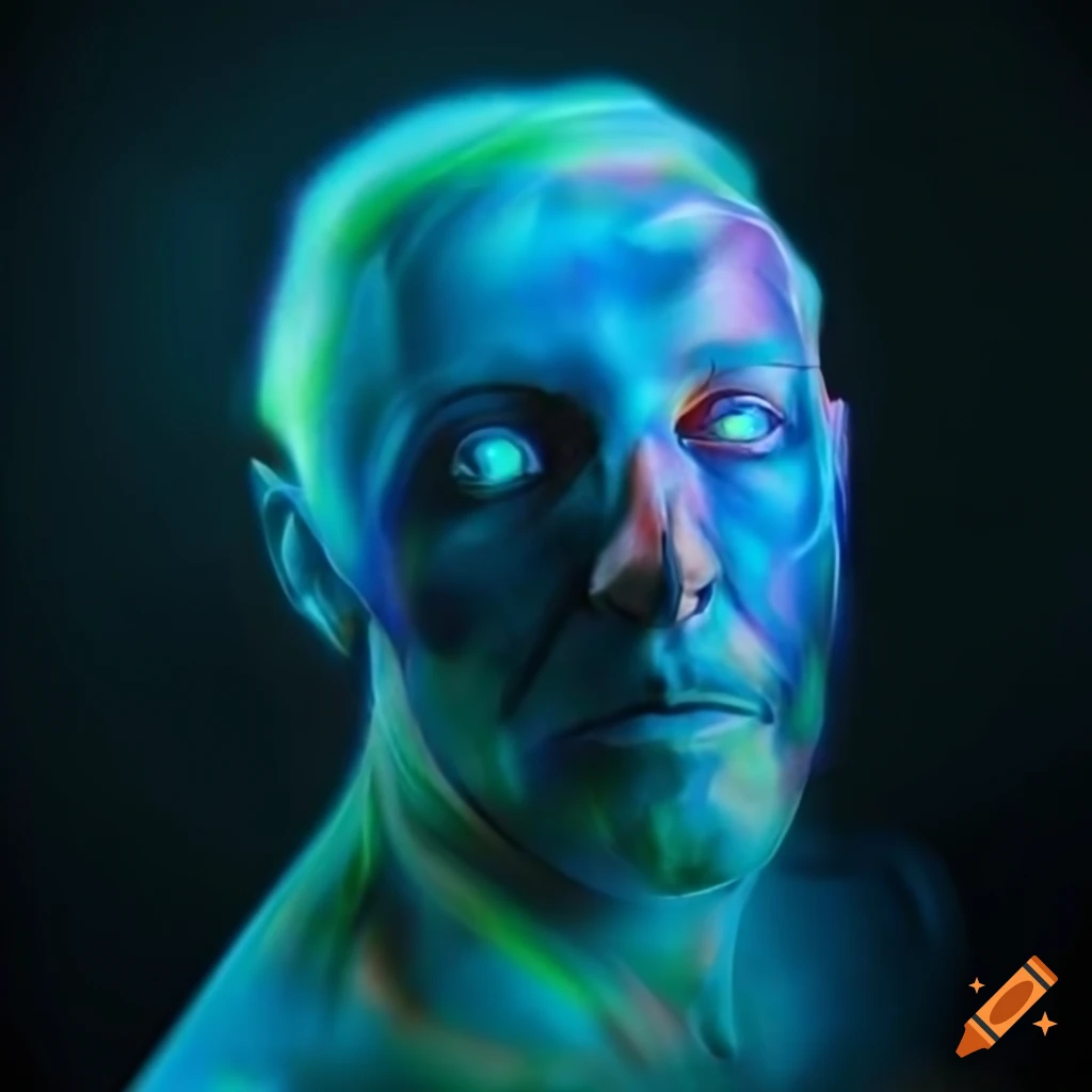 Hyper realistic portrait of a formless male explorer glowing against a ...