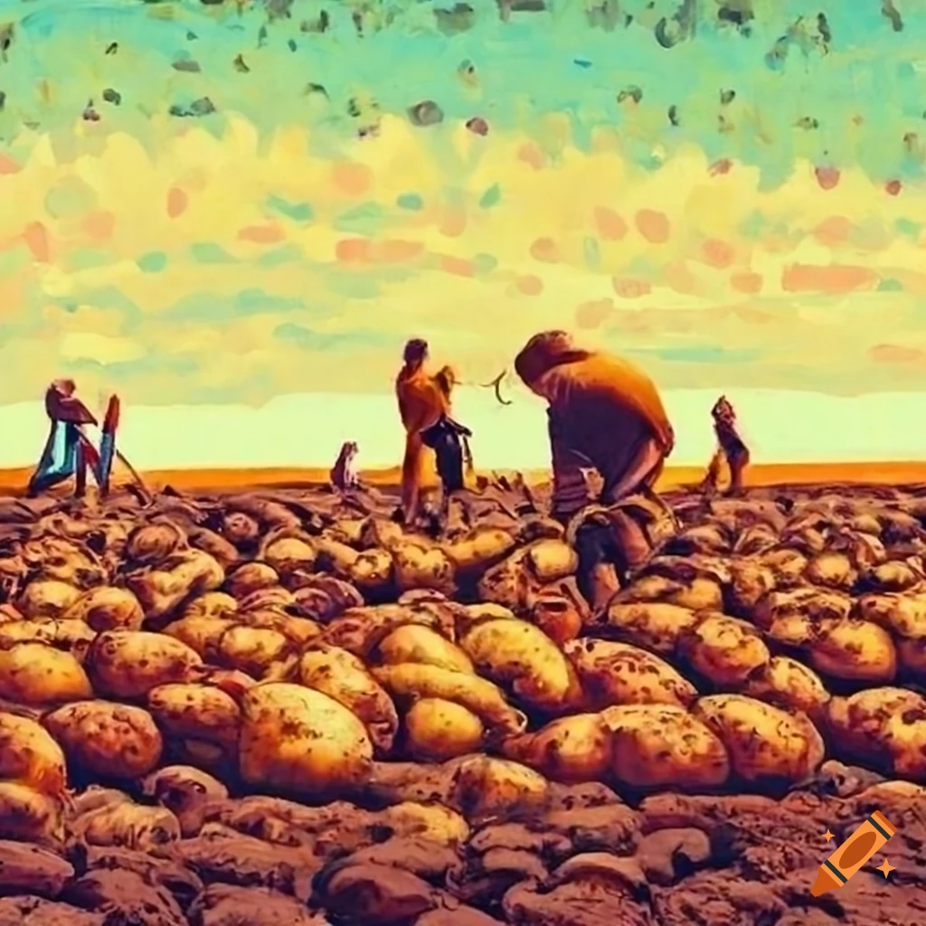 Potato field with people working in impressionist style on Craiyon