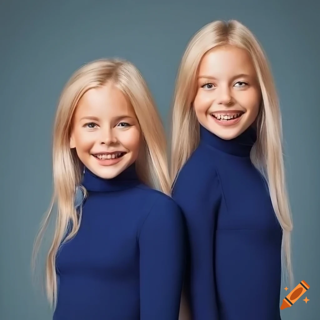 Two blonde twin girls in elegant navy high turtlenecks smiling at the ...