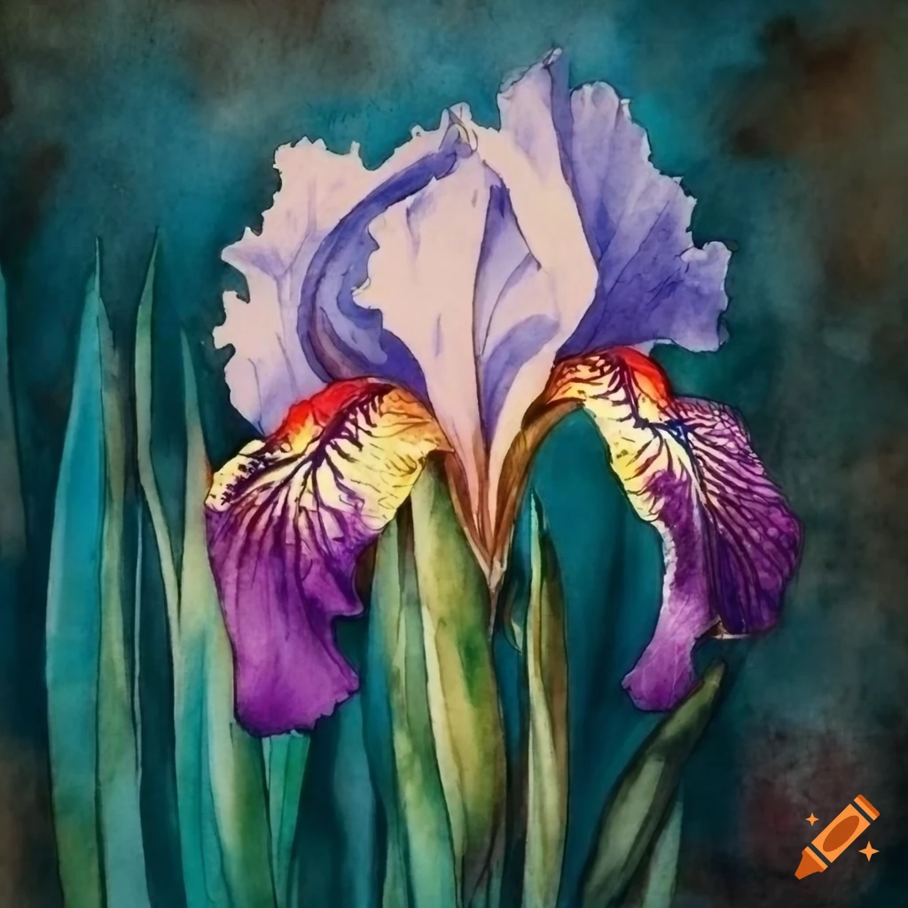Iris flowers by a frozen creek in twilight vintage watercolor on Craiyon