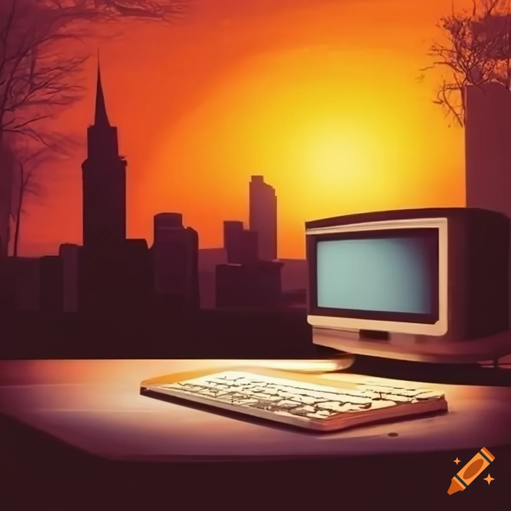 Computer with a 90's suburban sunset backdrop on Craiyon